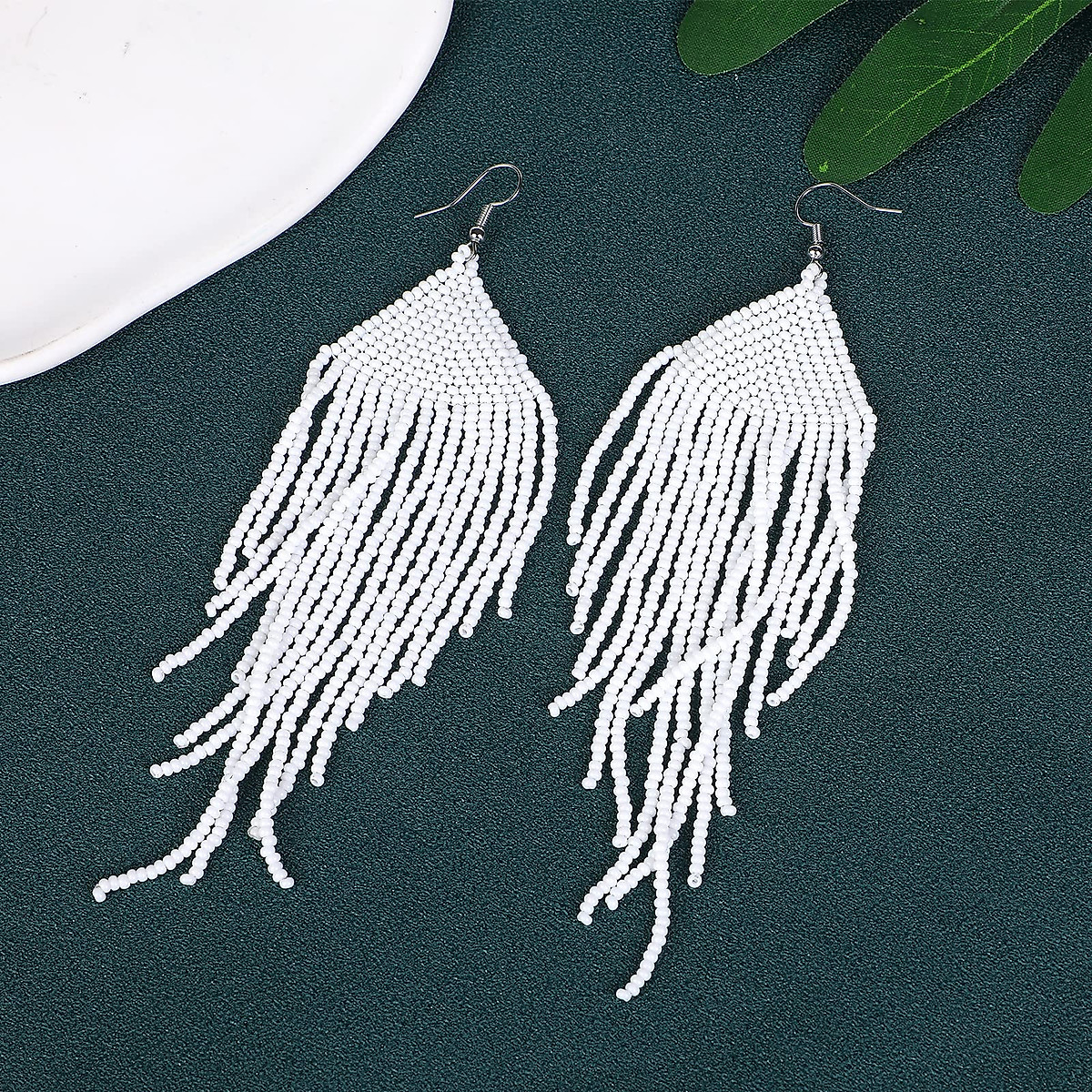 papasgix Beaded Drop Dangle Earrings Boho Native Handmade Seed Bead Tassel Earring for Women