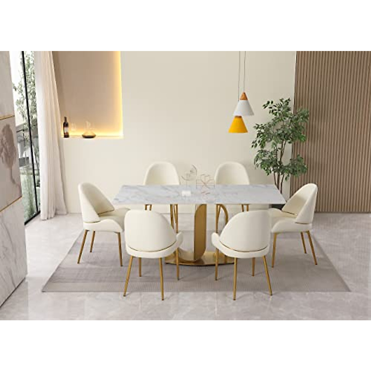 HomSof Contemporary Dining Table Set Sintered Stone Top and U Shape Pedestal Base Finish with 6 pcs Chairs, 7 Pieces, White+Gold