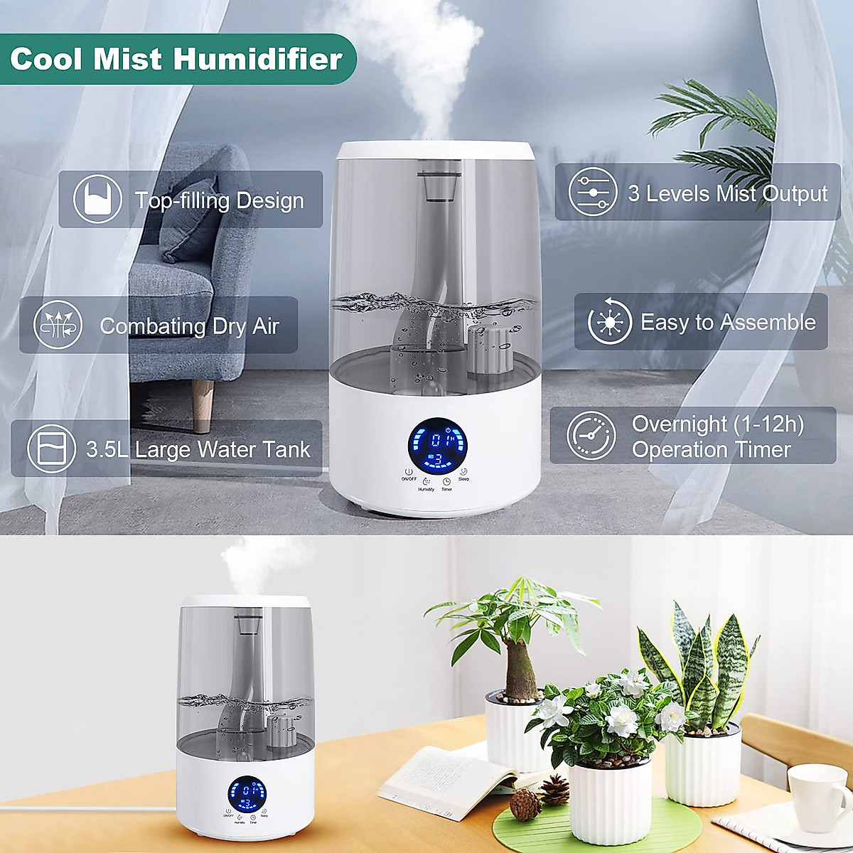 Ultrasonic Cool Mist Humidifier, 1.0 gal (3.5 L) Large-capacity Air Humidifier for bedroom, Lasts Up to 23 Hours with Whisper-Quiet Operation, Powerful Humidification, Timer Function, Easy to Clean