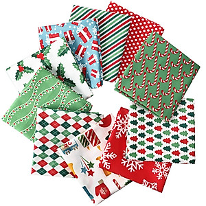 10 Pieces Christmas Cotton Fabric Squares Precut Quilting Fabric Patchwork Christmas Snowflake Print Red Green Fabric for Xmas Sewing Crafting DIY Supplies (25 x 25 cm/ 9.84 x 9.84 Inch)