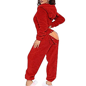 HUANKD Ropa Interior Femenina Sexy, Silk Slip Dress Women's Sleepwear Sexy Lengerie for Women, Women's Long Sleeved Hooded Plush Home Clothes, Pajamas, One-Piece Flip Buttons, Jumpsuits (XL, Red)