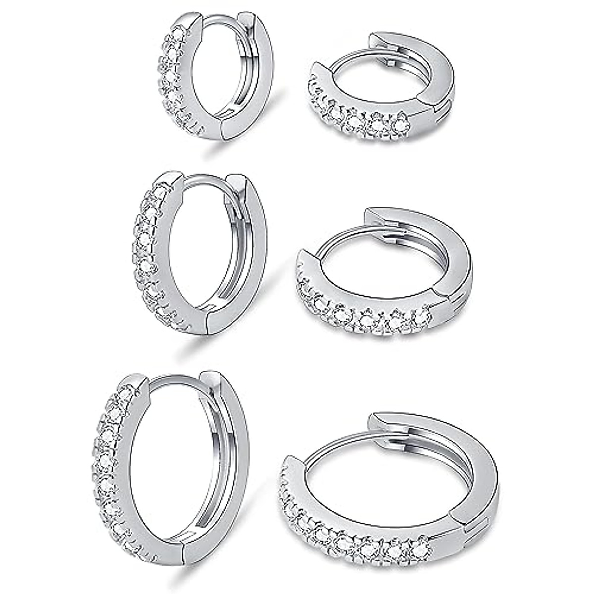 micuco 3 Pairs Small Hoop Earrings Tiny Cartilage Earrings for Women Cubic Zirconia Earrings White Gold Plated Huggie Hoop Ear Piercing Earrings for Men Silver Plated 8mm 10mm 12mm