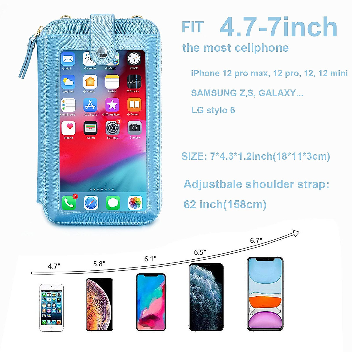 Womens Small Crossbody Bag Shoulder Purse Touch Screen Cellphone Wallet Handbag (A-Ice Blue)