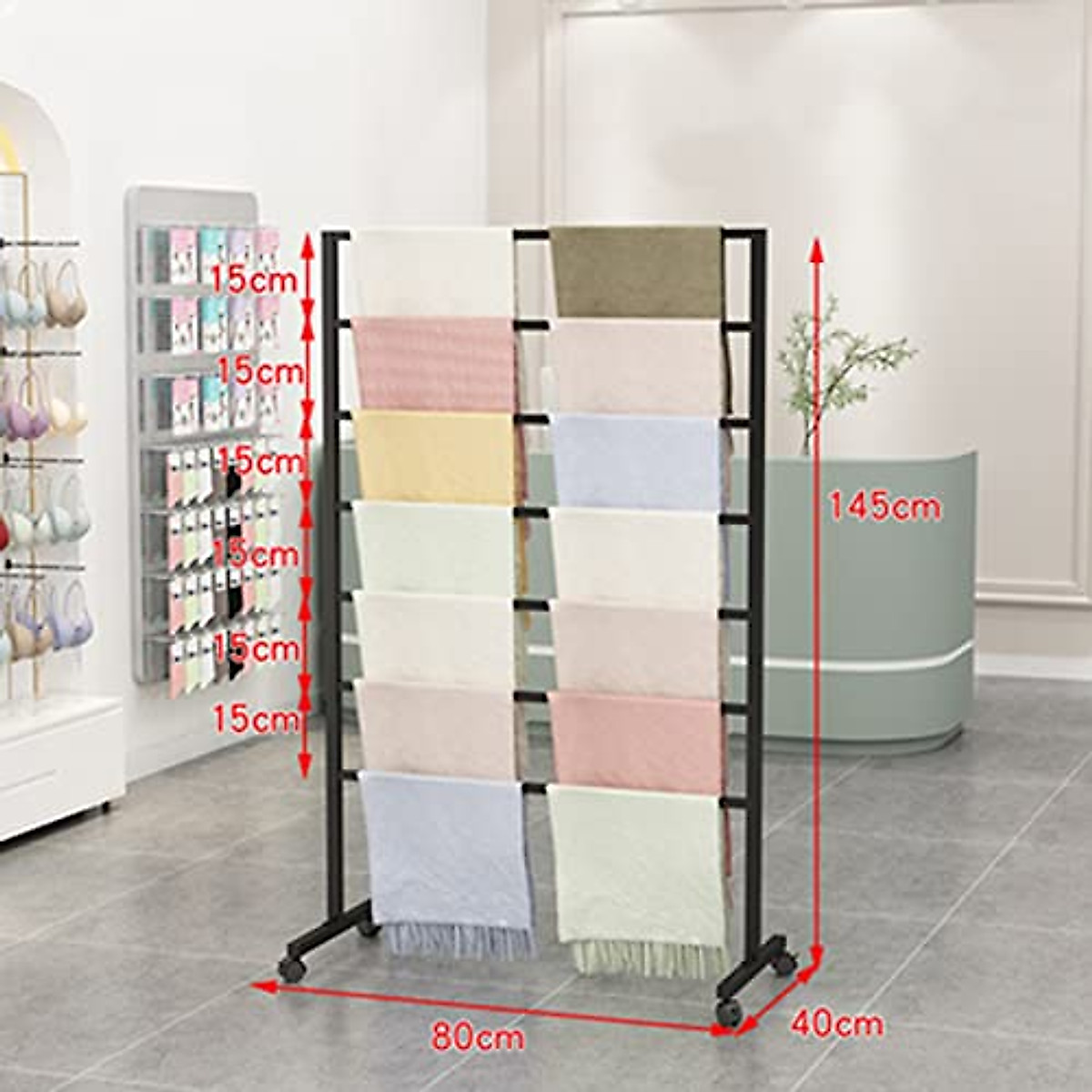 Freestanding Metal Scarf Display Rack with Wheels, Hanging Silk Shawl Fabric Pant Sheet Towel Organizer Rack, Tie Holder, Accessory Storage Rack for Clothing Retail Store Boutiques Home