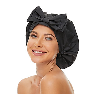 Aibilye Womens Black Shower Cap for Long Hair Extra Large Washable Reusable Waterproof Bathing Hair Cap Adjustable Elastic Band for All Hair Lengths