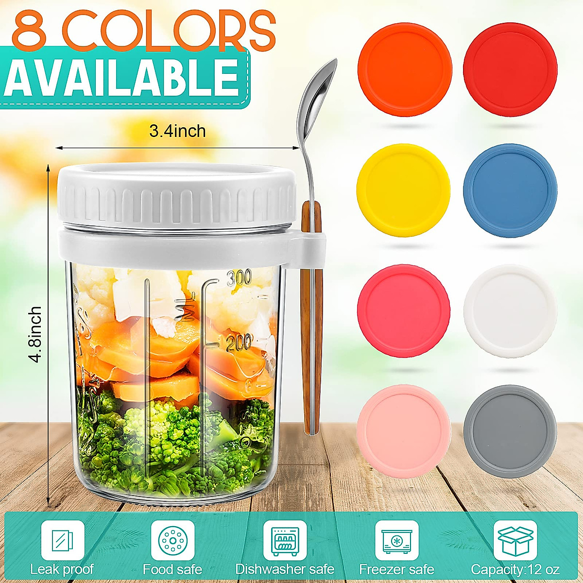 Zubebe 8 Pcs Overnight Oats Container 12 oz Glass Overnight Oats Jars with Lid and Spoon Oatmeal Container Storage Mason Jar for Overnight Oats Cup with Measurement Marks for Cereal Yogurt Food