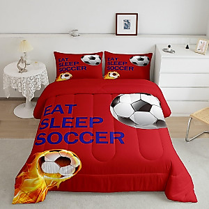 Feelyou Soccer Comforter Set for Kids Boys Girls Football Sports Games Comforter Full Size Soccer Player Bedding Set Bedroom Decor Red Soccer Ball Quilt Set Bedding Collection 3Pcs