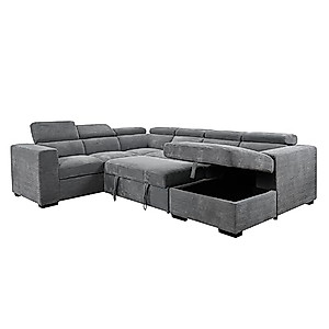 THSUPER Corduroy 123" Oversized U Shape Sectional Sleeper Sofa with Pull Out Bed, 7-Seats Sleeper Sectional Sofa with Storage Chaise and Adjustable Headrest for Living Room - Dark Grey