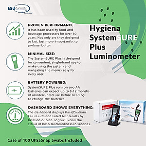 Bio Shield Tech Hygiena SystemSURE Plus Luminometer, Includes 100 UltraSnap Test Swabs Portable, ATP Bio-Contamination Testing Meter with SureTrend Software