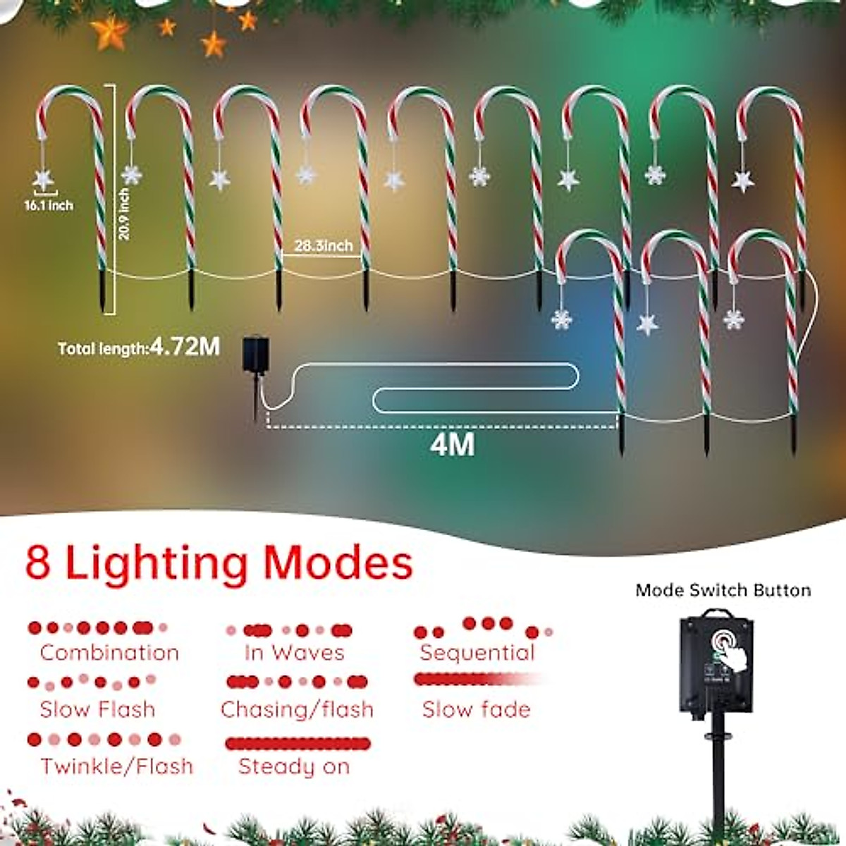 Candy Cane Lights Outdoor Pathway Christmas Decorations, 12 Pack Green Red White Solar Pathway Lights with 8 Modes Waterproof Timer for Christmas Outsides Walkway Porch Lawn Garden Yard Decoration