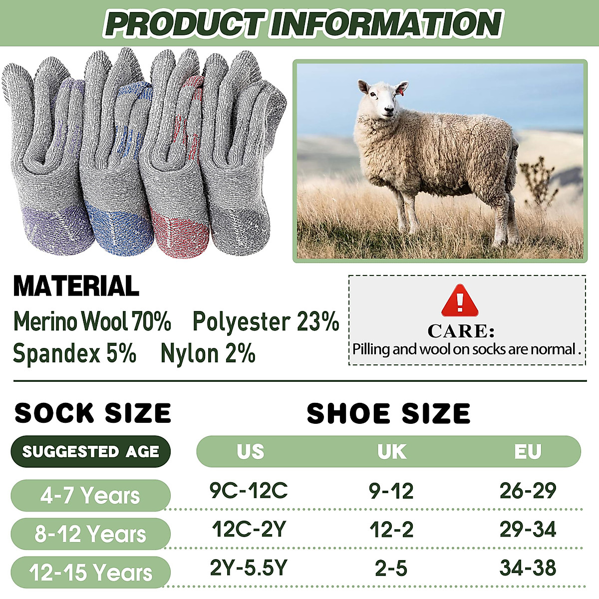 Sandsuced Kids Merino Wool Hiking Socks Girls Boys Winter Thermal Warm Cozy Boot Thick Cushion Gift Stocking Stuffers Socks 4 Pairs(Purle/Blue/Red/Grey,8-12 Years)