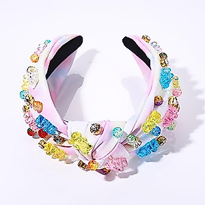 ZITULRY Knotted Headband for Women Crystal Gummy Bear Jeweled Embellished Top Knot Headbands Fashion Statement Wide Turban Hairband Funny Gifts for Girls Sister Birthday Holiday Party