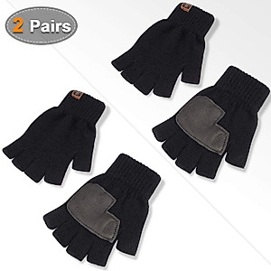 MAYLISACC Winter 2 Pair Black Fingerless Gloves with Leather Patch, Warm Knit Half Finger Gloves Stretchy for Texting Unisex