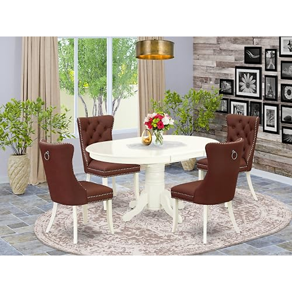 East West Furniture AVDA5-LWH-26 5 Piece Dining Room Furniture Set Consists of an Oval Dining Table with Butterfly Leaf and 4 Upholstered Chairs, 42x60 Inch, linen white
