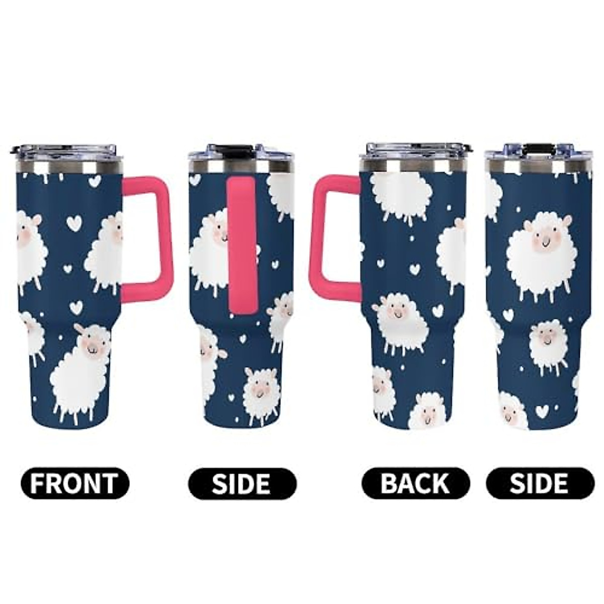 Cute Sheep Pattern 40oz Water Bottle Double Wall Insulated Tumbler with Handle Leakproof Travel Mug Light Rose Red-style