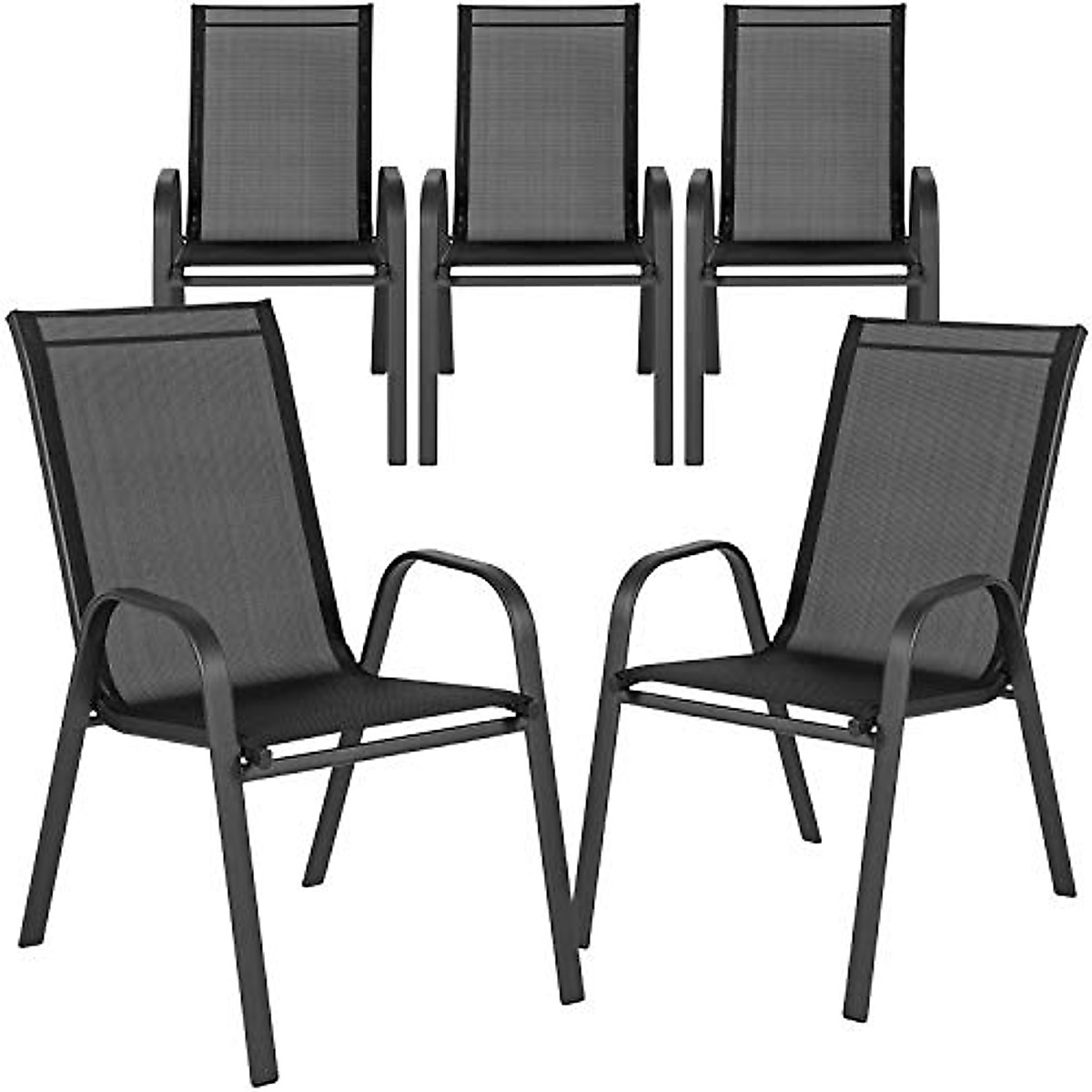 Flash Furniture 5 Pack Brazos Series Black Outdoor Stack Chair with Flex Comfort Material and Metal Frame