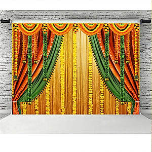 Lofaris India Pooja Backdrop Puja Ganpati Photography Traditional Banana Leaf Green Chatiya Ganesh Mehndi Festival Background Decorations Wedding Party Marigold Garlands Photo Props 7x5ft