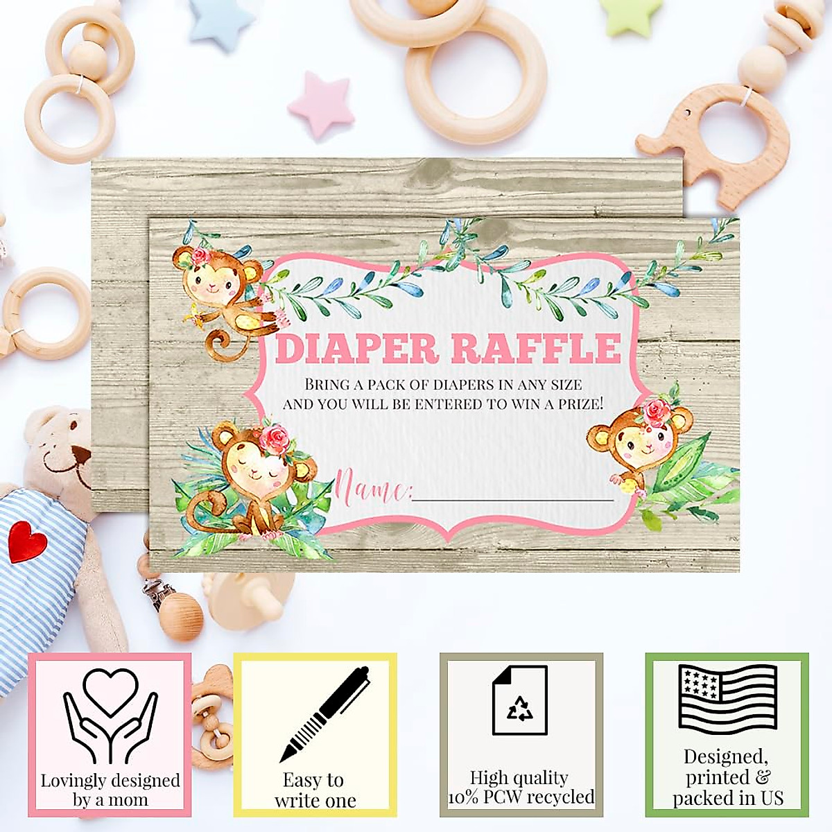 Amanda Creation Watercolor Jungle Monkeys Diaper Raffle Tickets for Baby Girl Showers, 20 2" X 3” Double Sided Insert Cards for Games, Bring a Pack of Diapers to Win Favors & Prizes!