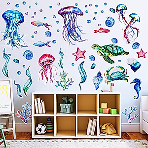 71 Pcs Ocean Wall Decals, Removable Waterproof Self-Adhesive Ocean World Jellyfish Turtle Tropical Fish Wall Stickers for Kids, for Kids Bedroom Bathroom Wall Decor