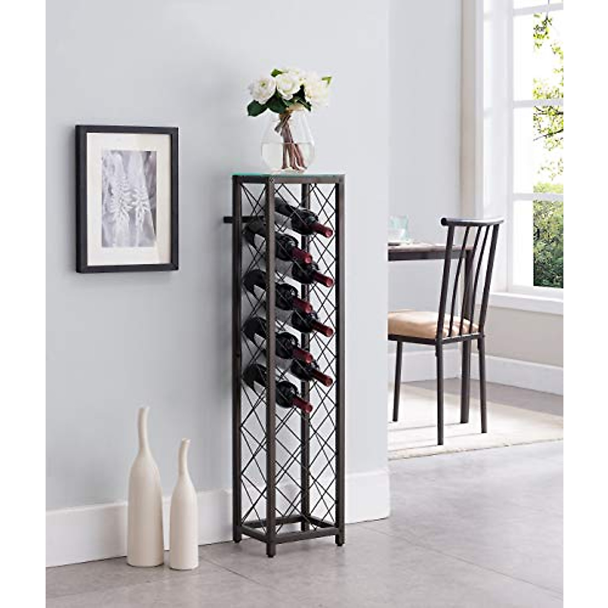 Kings Brand Furniture – Metal with Glass Top Shelf Freestanding Wine Rack Storage Tower - Holds 13 Bottles - Pewter Finish