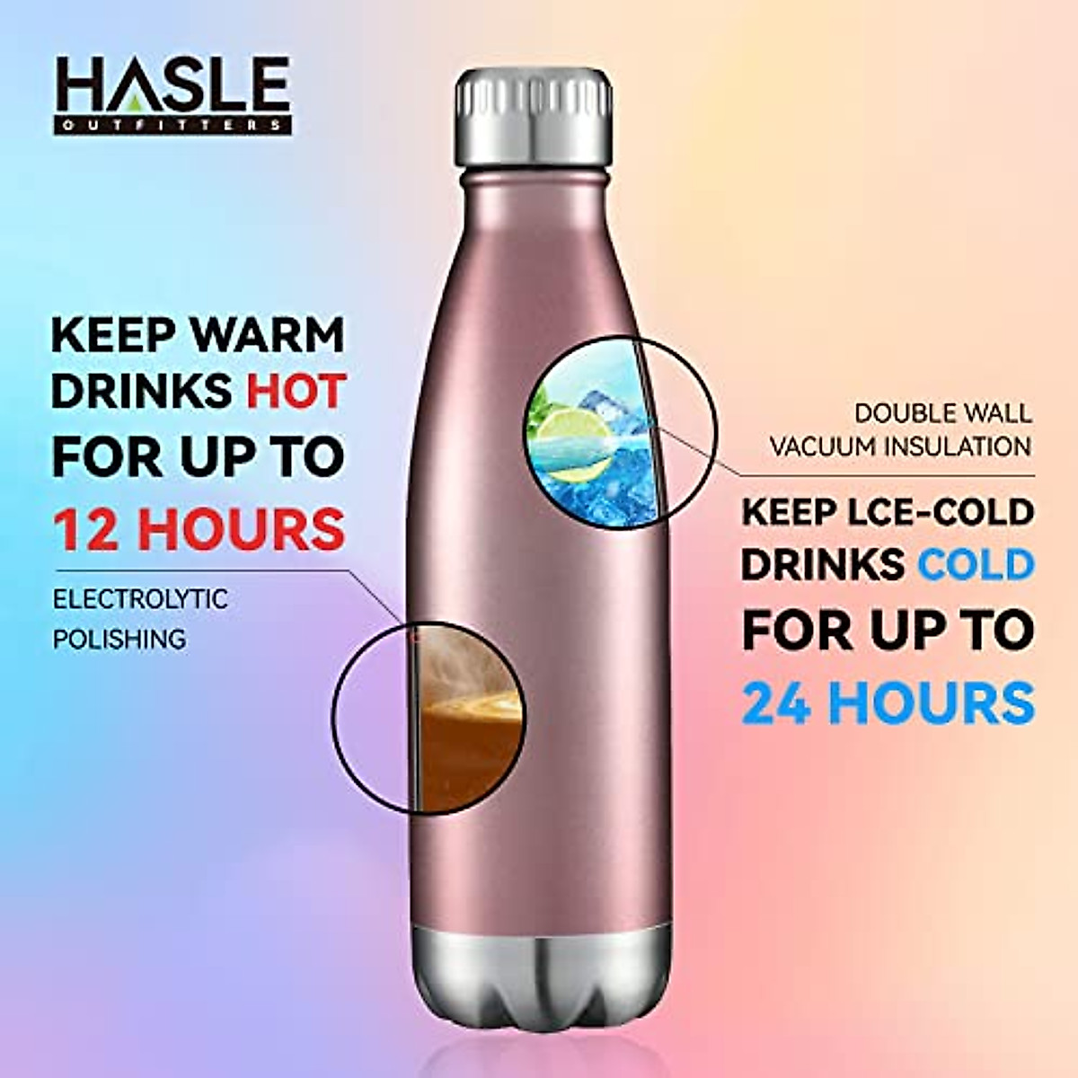 HASLE OUTFITTERS 17oz Stainless Steel Water Bottles, Vacuum Insulated Water Bottles Double Walled Reusable Metal Sports Water Bottles Keep Drinks Hot and Cold, RoseGold, 1Pack