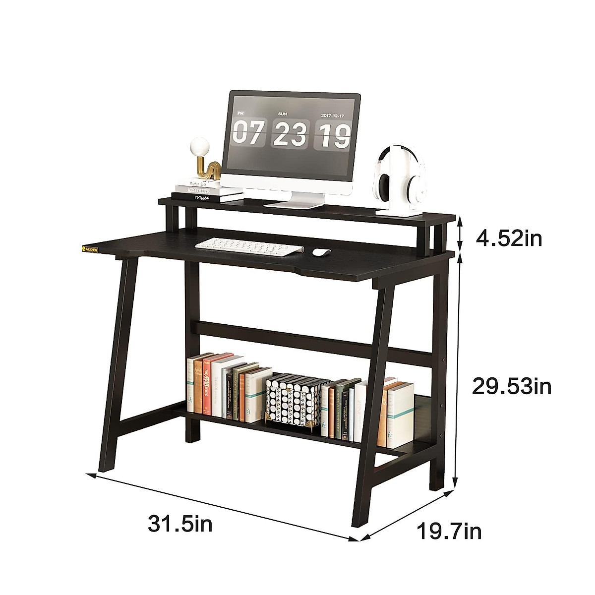 YQ JENMW 31.5 Inch Small Desk, Small Computer Desk for Small Spaces, Modern Writing Table with Monitor Storage Shelf, Compact Laptop Desk for Home Office and Study, Black