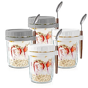 Overnight Oats Containers with lids and Spoons: 16 oz Mason Jars for Overnight Oats - 4 Pack Glass Meal Prep Container for Oatmeal - Food Storage Containers/Canning Jars/Food Jars & Canisters