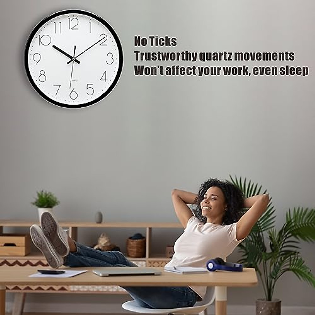 Plumeet Black Wall Clock Non Ticking Silent Quartz Round Clock Decorate Bedroom Home Kitchen Office - Battery Operated (White)