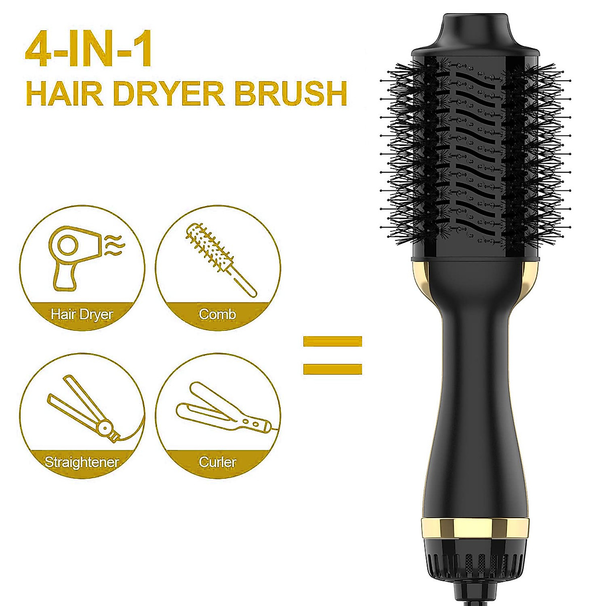 Dimecano Hair Dryer Brush, 4 in 1 One Step Hair Dryer and Styler Volumizer Professional Hot Air Brush with Negative Ion Anti-frizz Blowout for Drying, Straightening Curling - Black Gold
