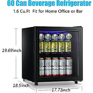 Mini Fridge Glass Door 60 Cans Beverage Cooler Refrigerator Mini Beer Fridge 1.6 cu.ft Organizer for Drinks Soda Wine Small Refrigerator with Blue LED for Home Office Dorm