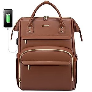LOVEVOOK Leather Laptop Backpack for Women 15.6 inch,Travel Backpack Purse Nurse Teacher Backpack Computer Laptop Bag,Professional College Business Work Bags Carry On Backpack with USB Port,Brown