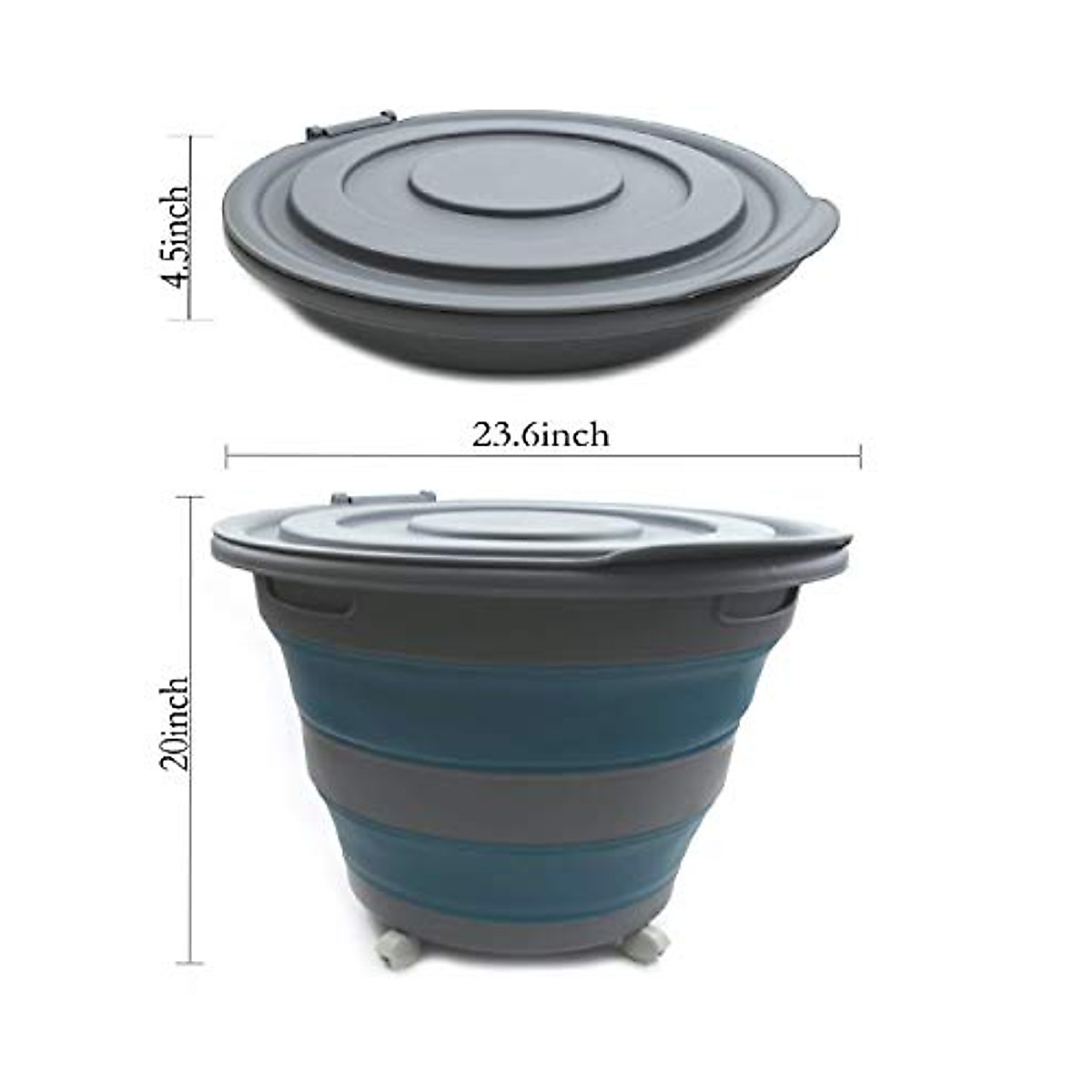 SAMMART 66L(17.4 Gallon) Collapsible Plastic Garbage Bin with Wheels & Removable Lid-Foldable Pop Up Container-Portable Washing Tub-Space Saving Basket,Water Capacity 56L(14.8 Gallon)(Grey/Blue)