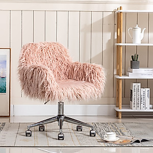 GOOLON Fluffy Desk Chair, Faux Fur Furry Home Office Chair, Fuzzy Swivel Armchair with Wheels, Height Adjustable Silver Base for Girls, Bedroom, Pink