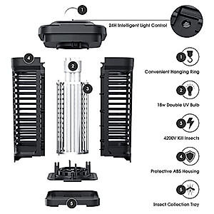 Bug Zapper for Outdoor and Indoor, High Powered 4200V Auto on/Off Electric Mosquito Zappers Killer, IPX4 Waterproof Fly Trap Outdoor, 18W Electronic Light Bulb Lamp for Home Backyard Patio