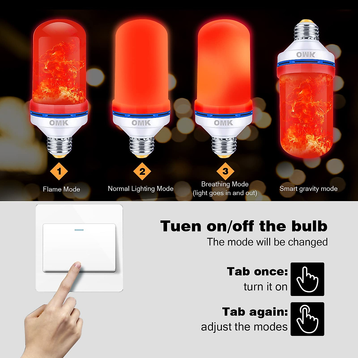 OMK - LED Christmas Decorations Flame Effect Light Bulbs - Upgraded 4 Modes Two-Tone Fire Simulated Lamps - Holiday/Christmas Gifts/Party/Indoor/Outdoor Decoration Lights (2Pack)
