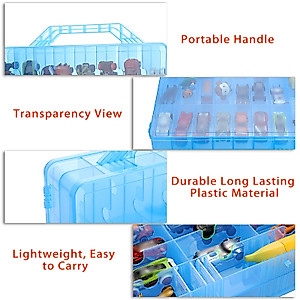 BTSKY Double Sided Toy Storage Organizer with 48 Compartments, Toy Organizer Carrying Case for Hot Wheels Car, Matchbox Cars, Mini Toys, Small Dolls, and more Mini Cars Collection(Blue)