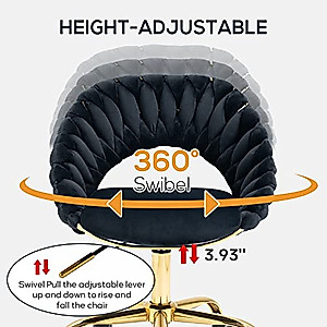 NIOIIKIT Swivel Velvet Home Office Chair, Upholstered Desk Chair, Modern Accent Armchair, Tufted Computer Task Stools with Gold Base for Girls, Women, Study, Living Room (Black)