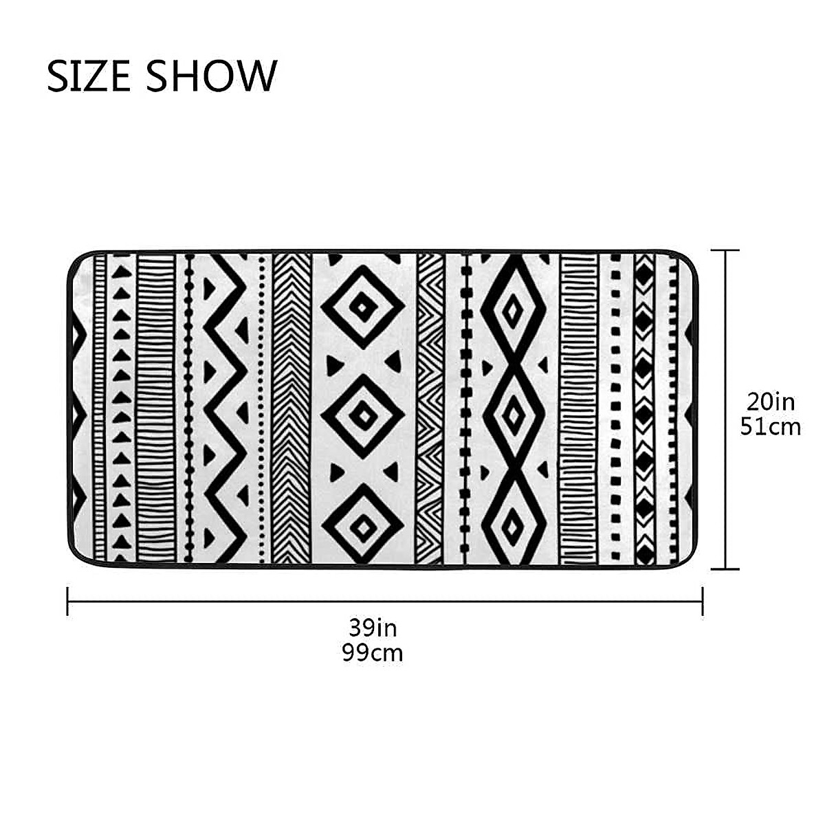 Kitchen Rug Mat Ethnic Boho Style Black White Non-Slip Absorbent Runner Rug for Kitchen Floor, Entryway, Hallway and Dining Room, Machine Washable Carpet
