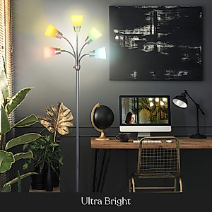 Brightech Medusa Modern LED Floor Lamp – Multi Head Dimmable Floor Lamp for Living Rooms & Offices – Tall Lamp with Interchangeable Shade, Standing Lamp with 5 LED Bulbs for Hobbies - Silver