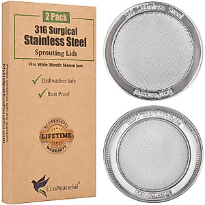 2 Pack Mason Jar Sprouting Lids - 316 Surgical Stainless Steel Sprouting Lids for Wide Mouth Mason Jars - Screen Mesh Strainer, Sprouter Kit for Alfalfa & Broccoli Seeds - Rust-Proof, Dishwasher Safe