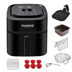 Nuwave Brio 6-Quart Healthy Digital Smart Air Fryer with Probe One-Touch Digital Controls, Advanced Cooking Functions, Removable Divider Insert & Grill Pan (NEW ACCESSORY)