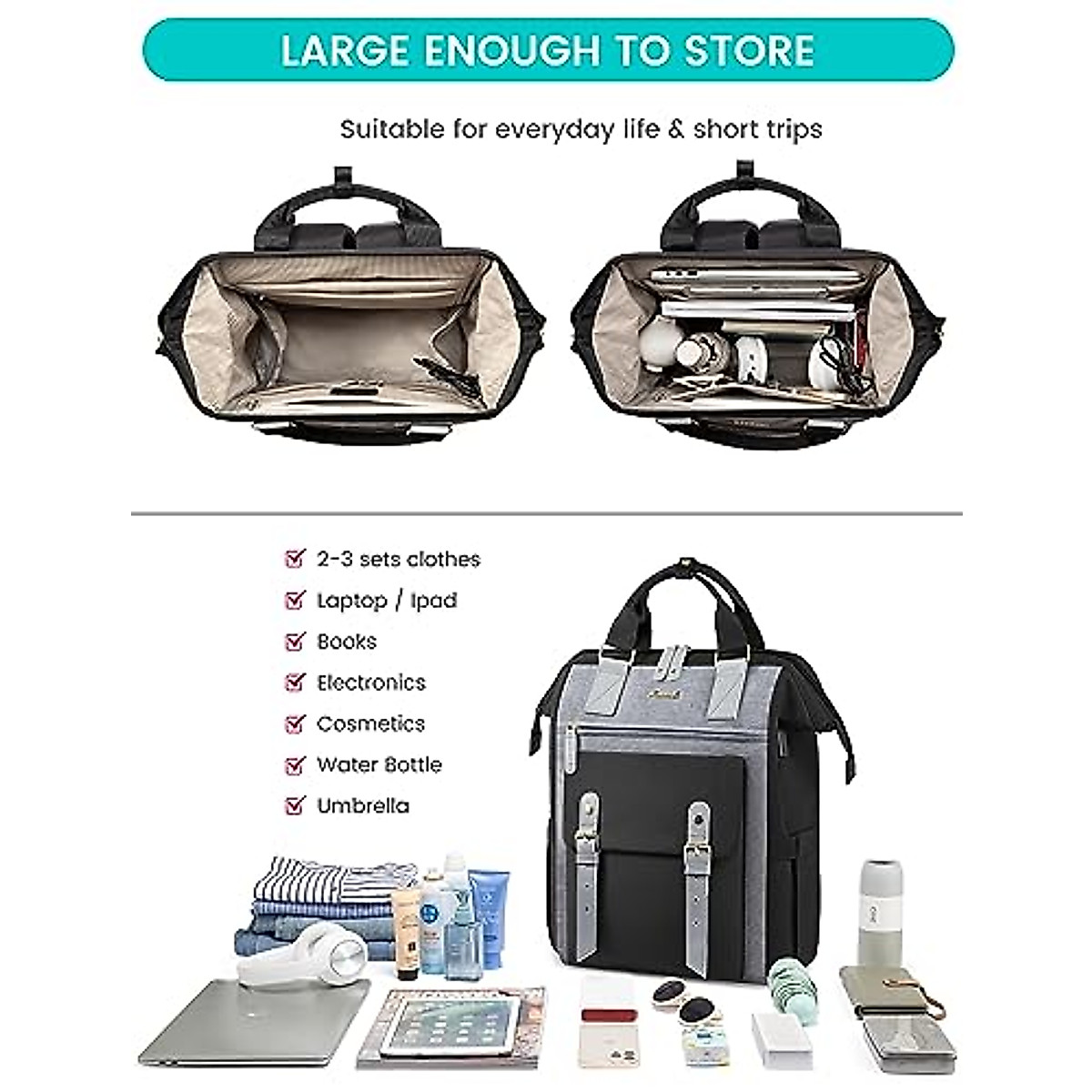 LOVEVOOK Laptop Backpack Women, Work Travel Laptop Backpack Purse for Women, Nurse Teacher Business Laptop Bag, Fashion College Backpack, Waterproof Wide Open Computer Back pack, 15.6 Inch, Black-Grey