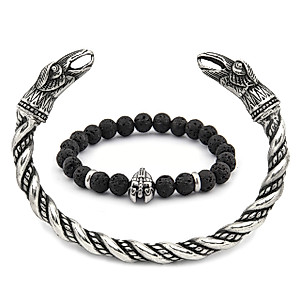 BAVIPOWER Odin Raven Head Twisted Bangle Cuff Stainless Steel Ancient Authentic Scandinavian Accessory
