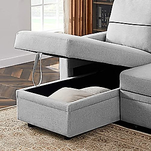 Yoglad Reversible Sectional Sofa Chaise for Living Room, Pull Out Bed Sleeper Couch with Storage, 81 inch Wide L-Shaped Couch with 2 Cup Holder, Gray Linen