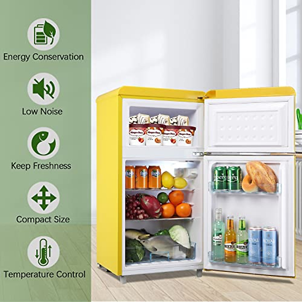WANAI Compact Mini Refrigerator 3.2 Cu.Ft Small Refrigerator with Freezer, Retro Mini Fridge with Dual Door,7 Adjustable Thermostat, Adjustable Shelves For Dorm, Office Bedroom, Yellow