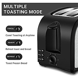 2 Slice Toaster CUSINAID Black Wide Slot Toaster 2 Slice Best Rated Prime with Pop Up Reheat Defrost Functions, 6-Shade Control, Removable Crumb Tray