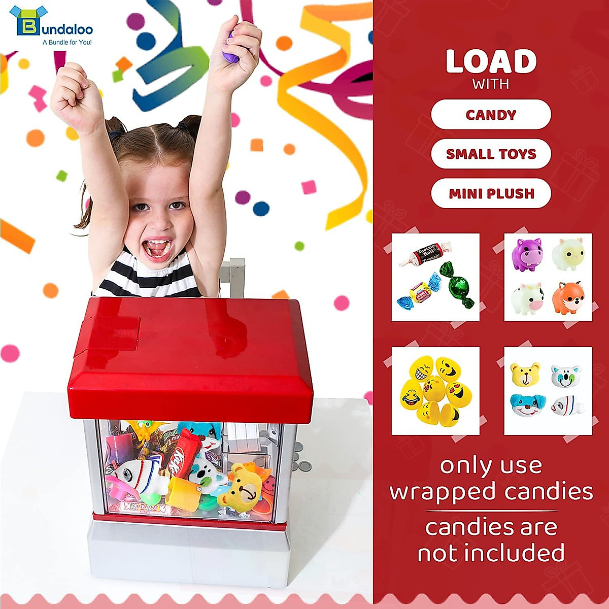 Bundaloo Claw Machine Arcade Game - Electronic Mini Candy and Toy Grabber Dispenser for Kids - with Lights Sound & 4 Mini Plush Animals (Red)