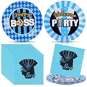HAPPARTY Boss Birthday Party Supplies- Serve 12 Guests, 7in Boss Theme Paper Plates with 4.9in Napkins, Black Blue Boss Paper Trays and Baby Suit Tissues,Boy Baby Shower Party Decorations