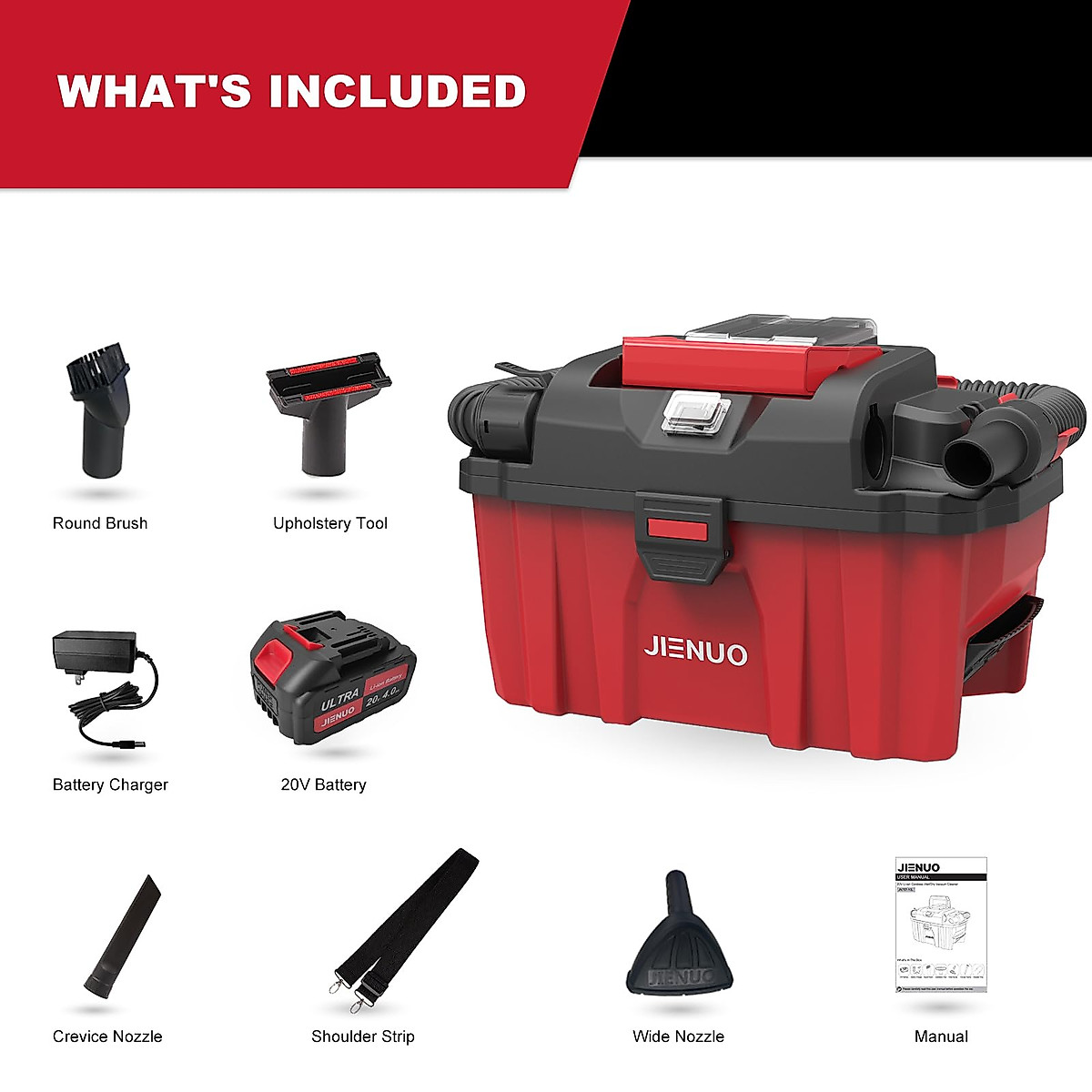 JIENUO Cordless Shop Vac Wet and Dry, with 20V 4.0Ah Battery and Charger, 2.5 Gallon Shop Wet Dry Vacuum Cleaner with Blower Function, Portable Commercial Vac for Car, Home and Garage