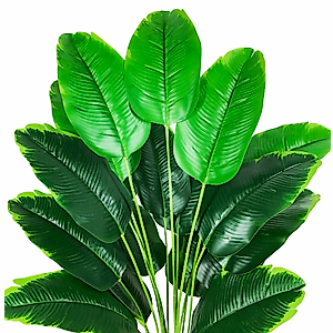 Rozwkeo Artificial Plants Fake Banana Tree Leaves with Stems 31" Tall Faux Bird of Paradise Palm Tree Imitation Frond Green Leaf Tropical Plants Greenery Floral Jungle Party Home Garden Decoration